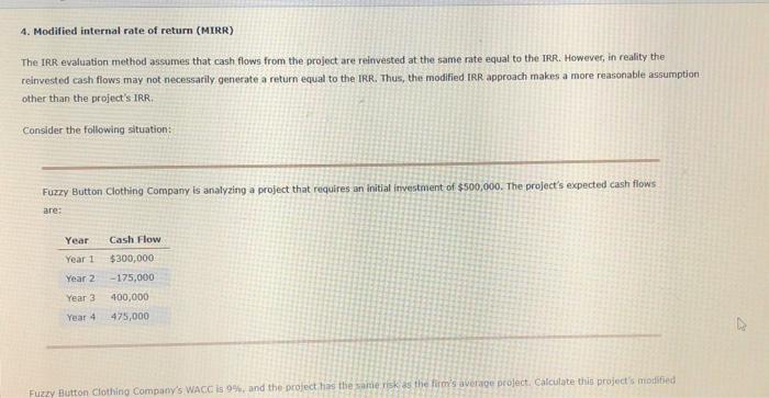 Solved 4. Modified internal rate of return (MIRR) The IRR | Chegg.com