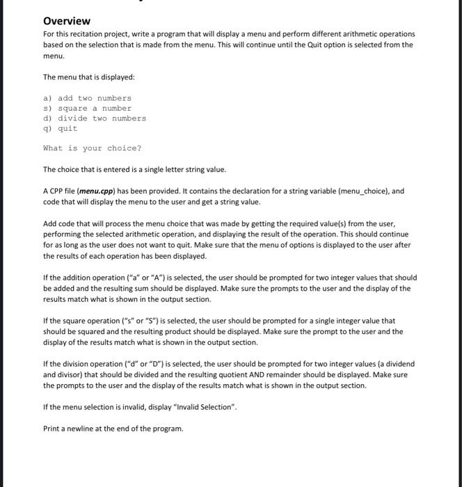 Solved Overview For this recitation project, write a program | Chegg.com