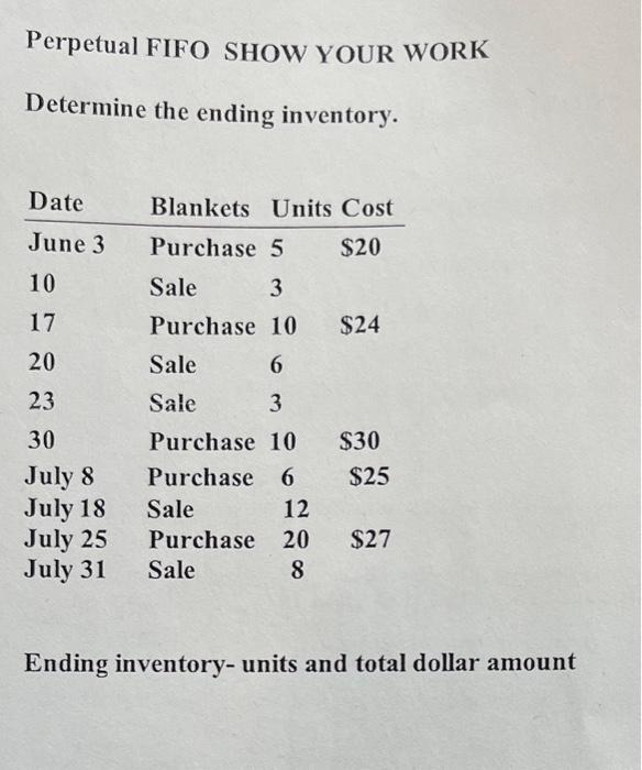 Solved Perpetual FIFO SHOW YOUR WORK Determine the ending | Chegg.com