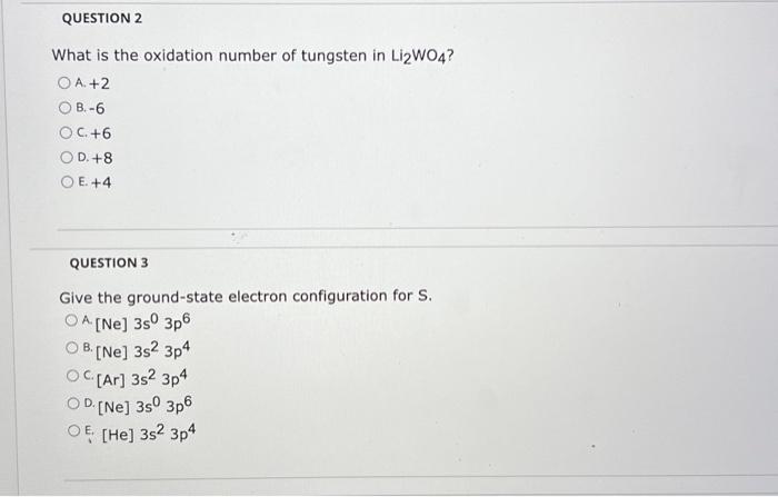 Solved What is the oxidation number of tungsten in Li2WO4 ? | Chegg.com