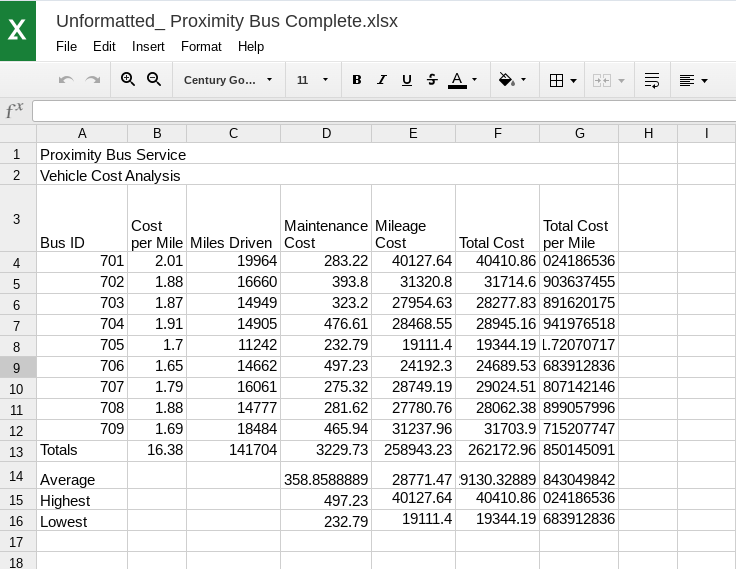 Solved Unformatted_Proximity Bus Complete.xlsxFile Edit | Chegg.com