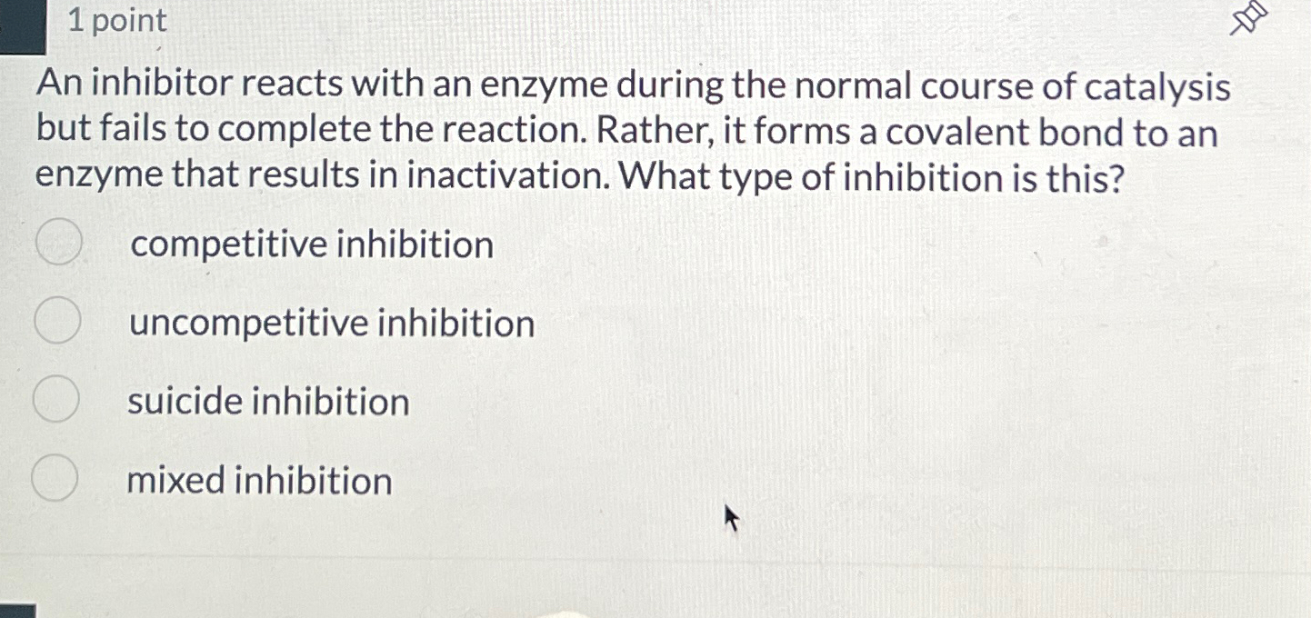 Solved 1 ﻿pointAn inhibitor reacts with an enzyme during the | Chegg.com
