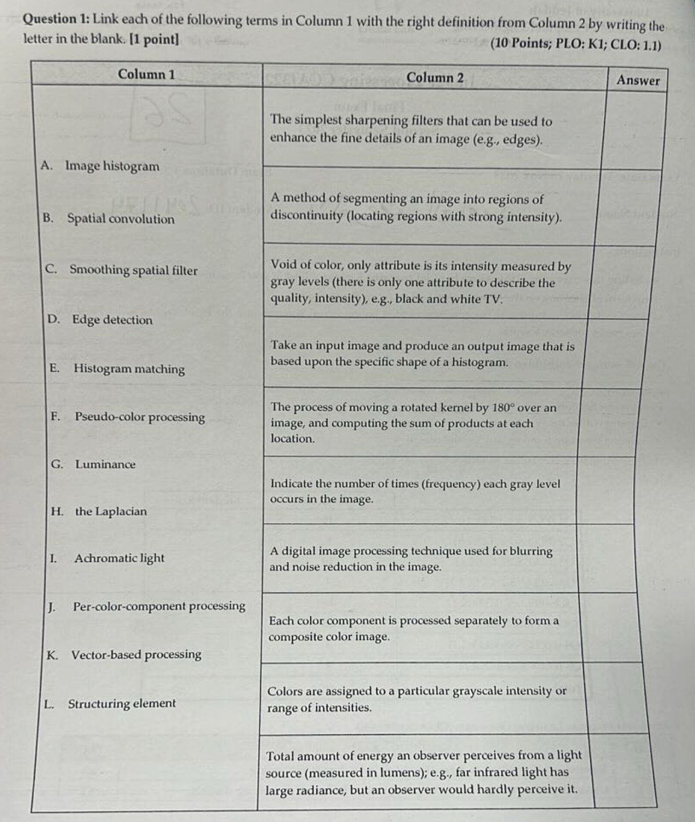 Solved Question 1: Link each of the following terms in | Chegg.com