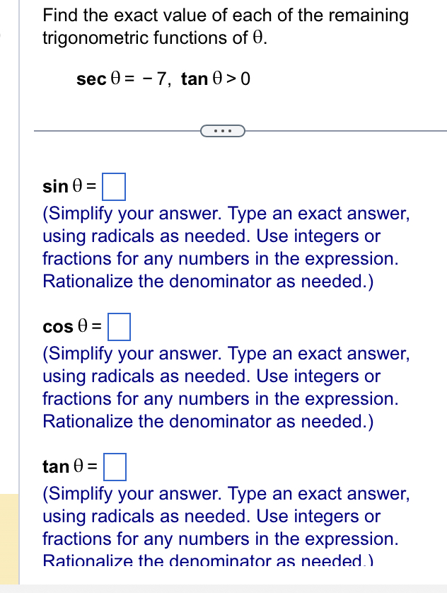 Solved Find the exact value of each of the remaining | Chegg.com