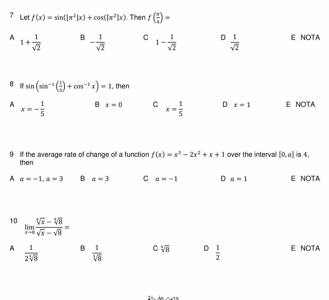 Solved 7 Let f(x)=sin(⌊π2⌋x)+cos([π2⌉x). Then f(4π)= A 1+21 | Chegg.com