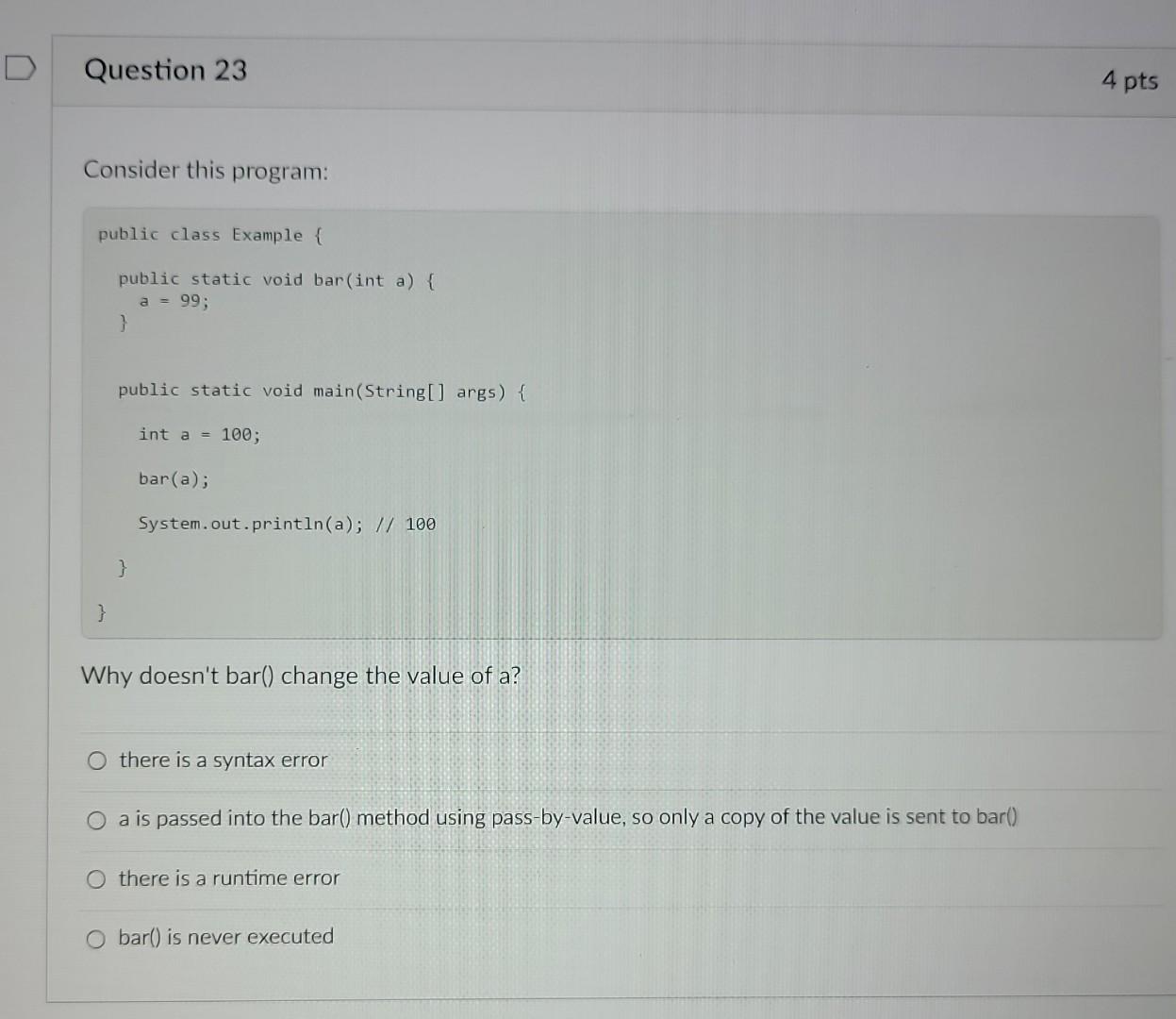 Solved Look at this code sample: public static void bar(int | Chegg.com