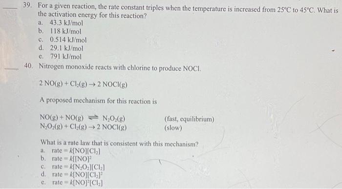 Solved 39. For a given reaction, the rate constant triples | Chegg.com