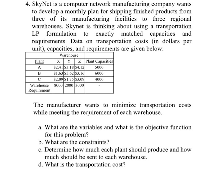 Solved 4. SkyNet is a computer network manufacturing company | Chegg.com