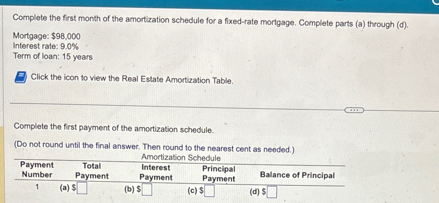 Solved Complete the first month of the amortization schedule | Chegg.com