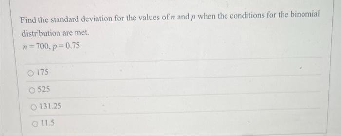 Solved Find the standard deviation for the values of n and p | Chegg.com
