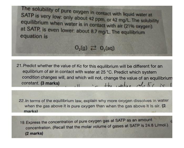Solved The solubility of pure oxygen in contact with liquid | Chegg.com