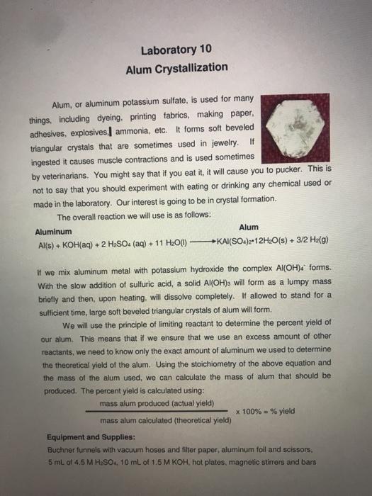 Solved Laboratory 10 Alum Crystallization Alum, or aluminum | Chegg.com