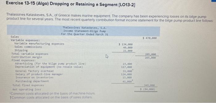 Solved Exercise 13-15 (Algo) Dropping or Retaining a Segment | Chegg.com