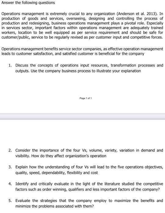 Solved Answer the following questions Operations management | Chegg.com