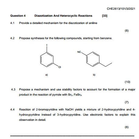 Solved CHE2613/101/3/2021 /3/ Question 4 Diazotization And | Chegg.com