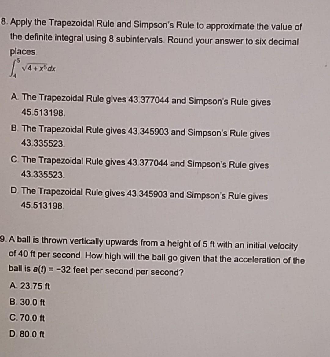 Solved 8. Apply the Trapezoidal Rule and Simpson's Rule to | Chegg.com