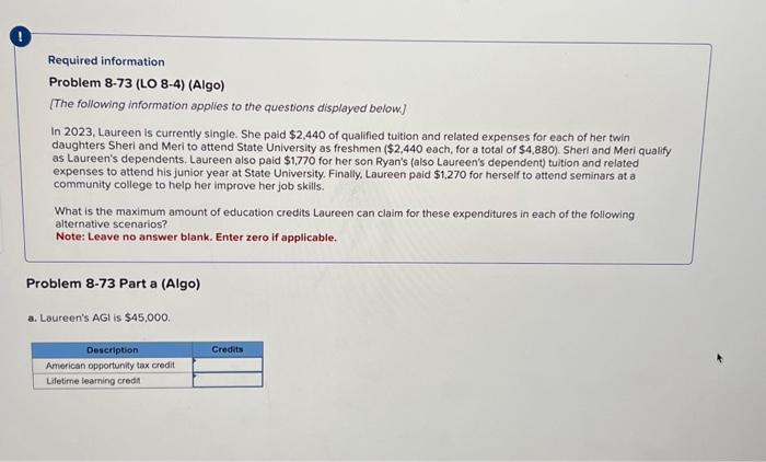 Solved Required information Problem 8-73 (LO 8-4) (Algo) | Chegg.com