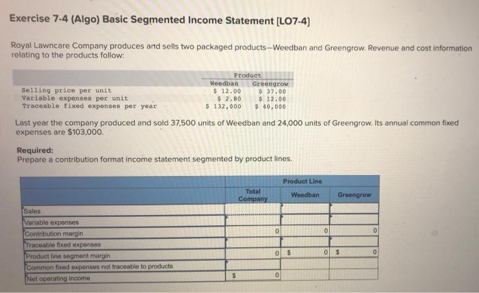 Solved Exercise 7-4 (Algo) Basic Segmented Income Statement | Chegg.com