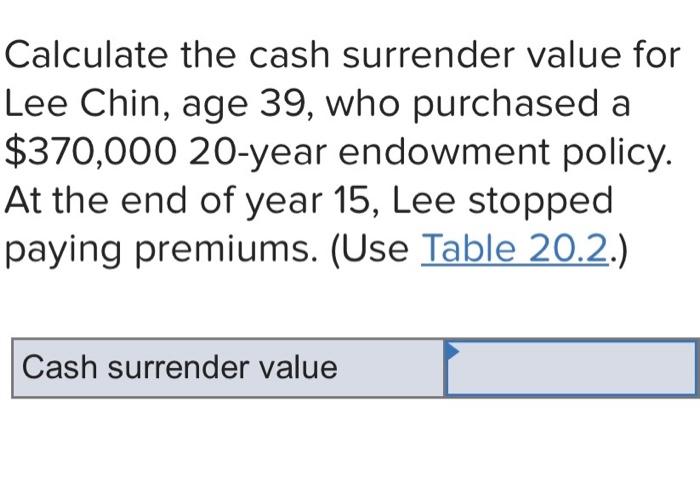 Solved Calculate the cash surrender value for Lee Chin, age | Chegg.com