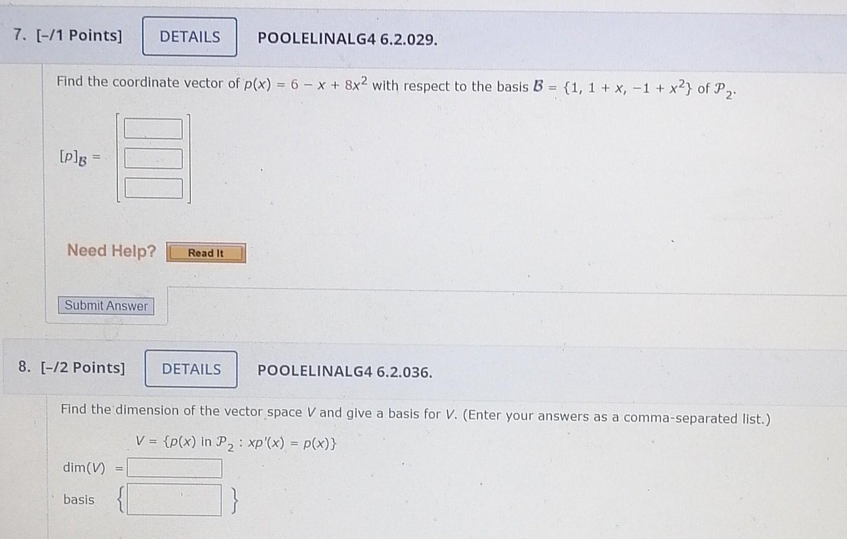Solved Find the coordinate vector of p(x)=6−x+8x2 with | Chegg.com
