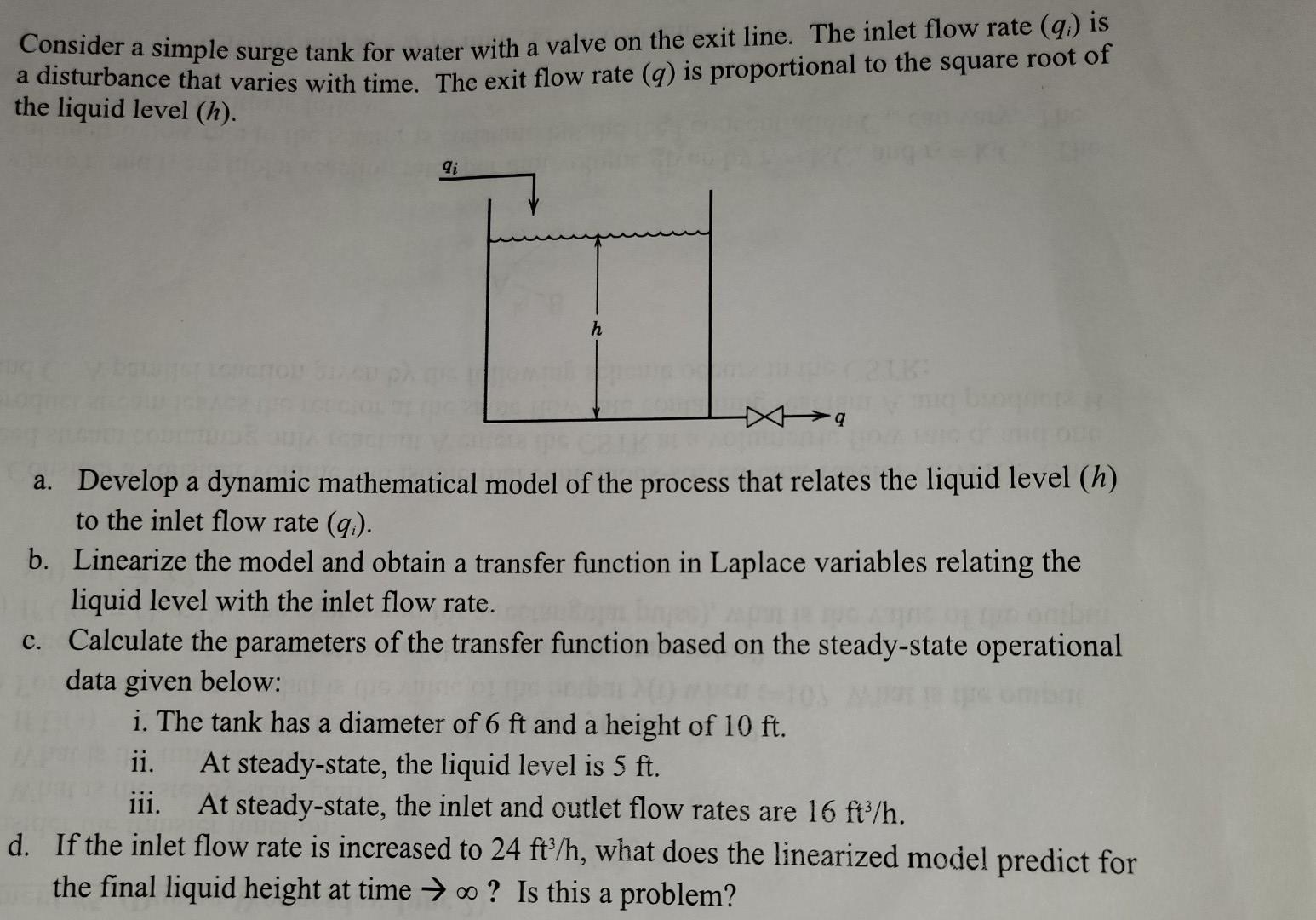 Solved Consider a simple surge tank for water with a valve | Chegg.com