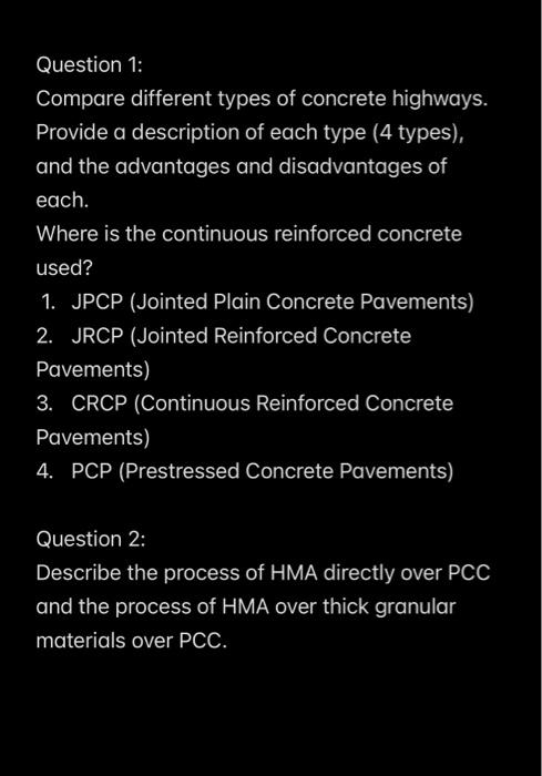 Solved Question 1:Compare different types of concrete | Chegg.com