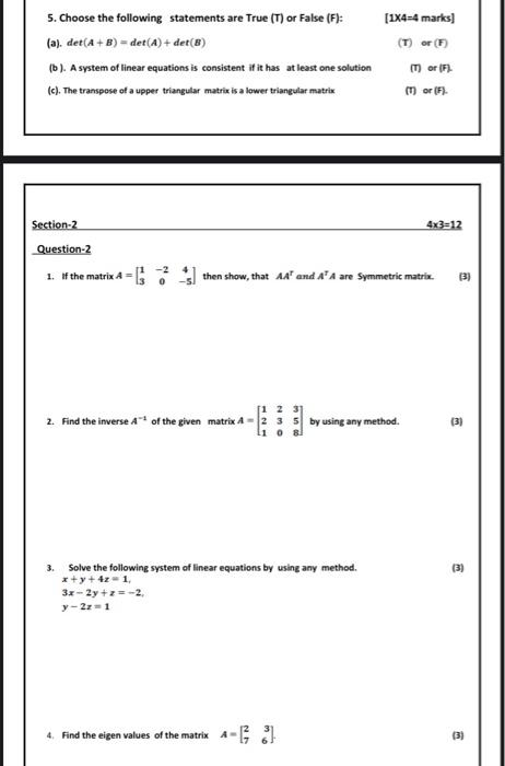 Solved ection-2 4×3=1 Question-2 1. If the matrix | Chegg.com