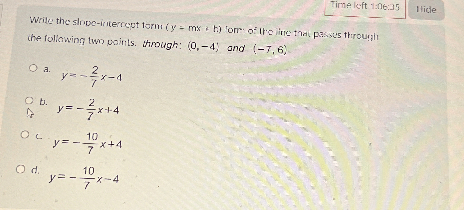 Solved Time left 1:06:35Write the slope-intercept form | Chegg.com