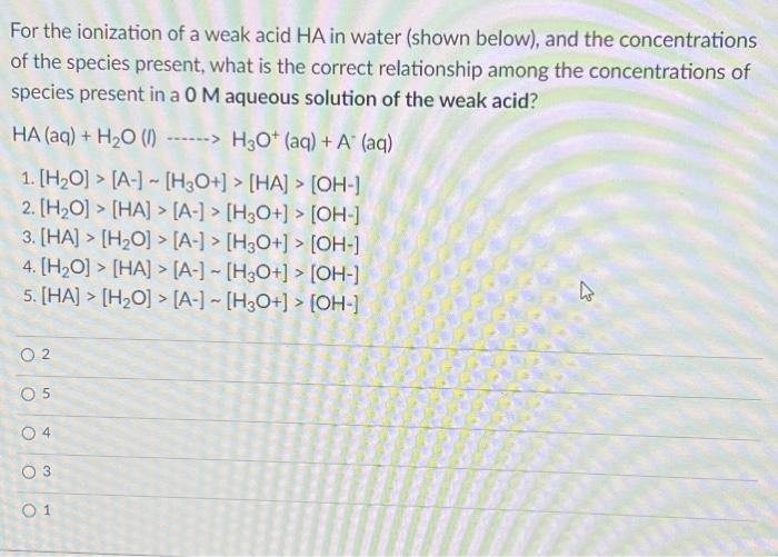 Solved For the ionization of a weak acid HA in water (shown | Chegg.com