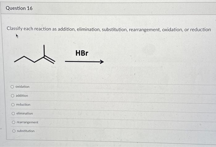 Solved Classify each reaction as addition, elimination, | Chegg.com