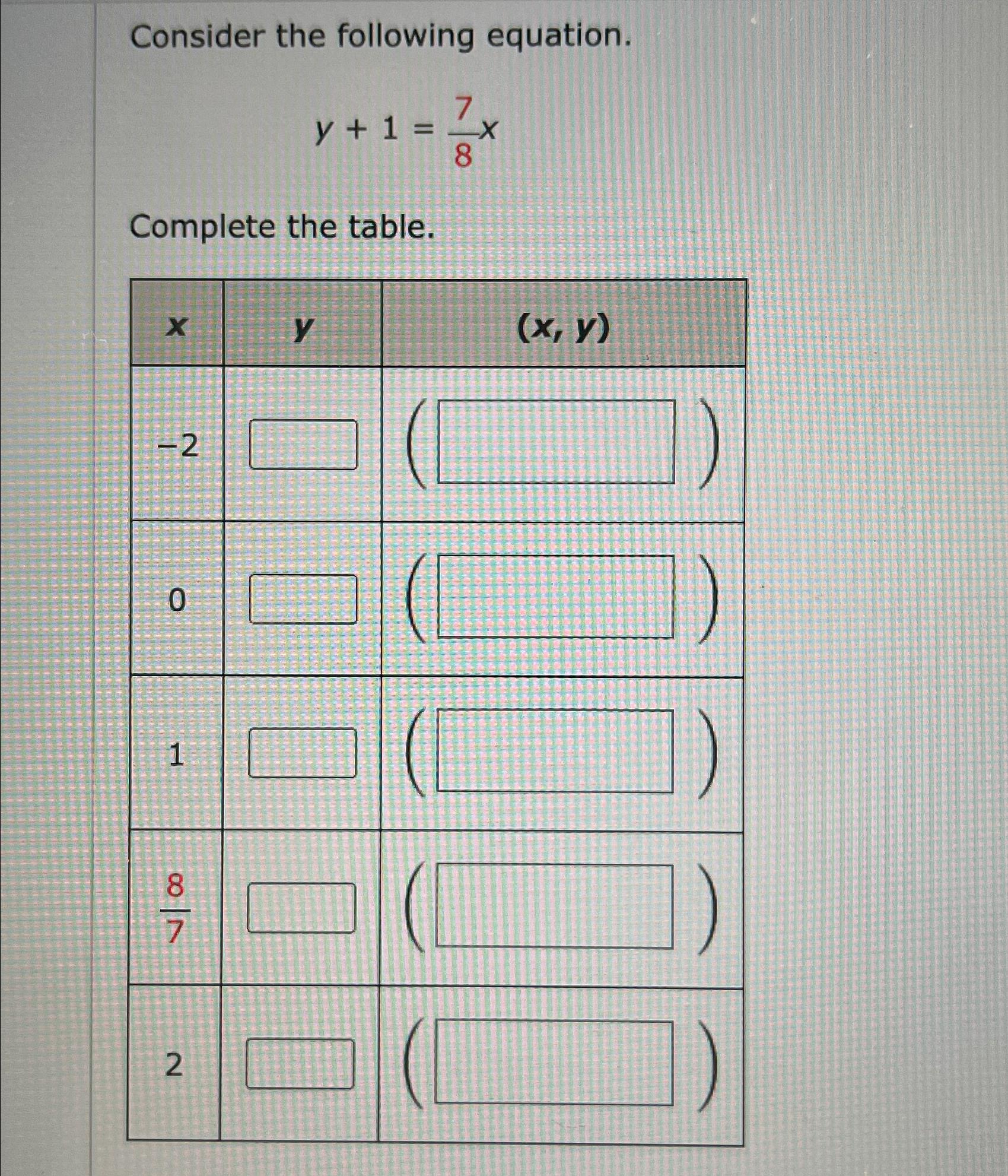 Solved Consider the following equation.y+1=78xComplete the | Chegg.com