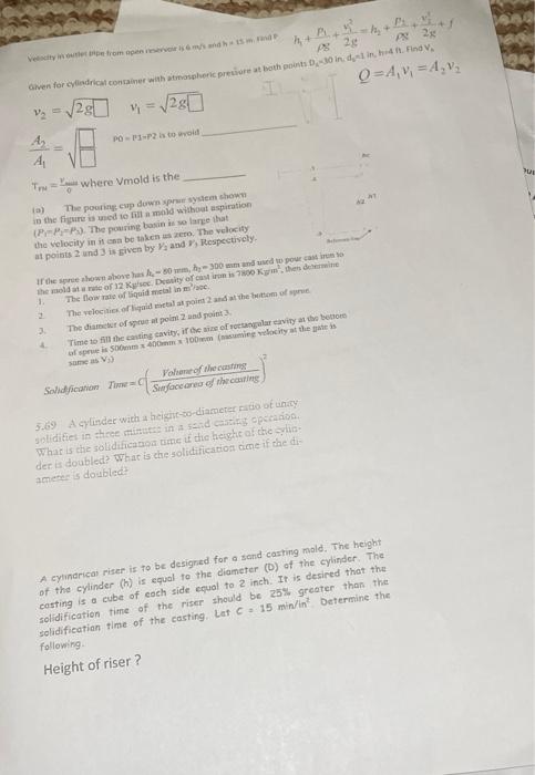 Solved v2=2gv1=2g Q=A1v1=A2v2 A1A2= pQ =1 pirs 2 is to | Chegg.com