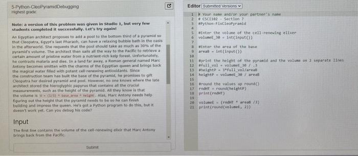 Solved 5 Pythion-CieoPyramid Debugging Highest grade Note: a | Chegg.com