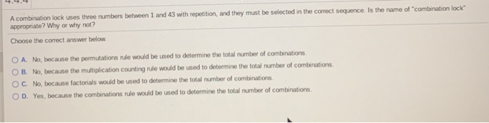 Solved A combination lock uses three numbers between 1 and | Chegg.com
