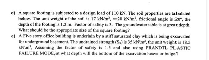 Solved d) A square footing is subjected to a design load of | Chegg.com