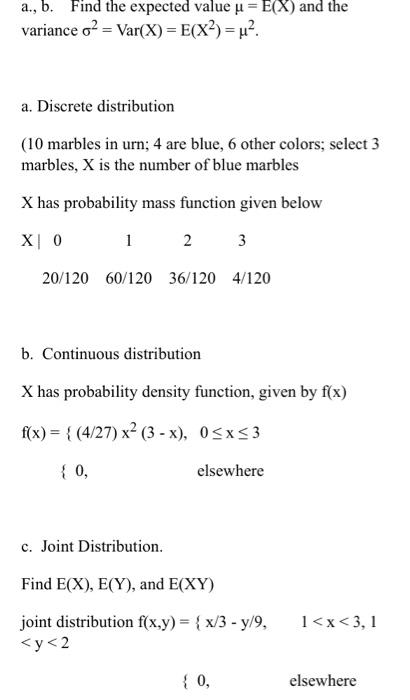 Solved a., b. Find the expected value μ=E(X) and the | Chegg.com