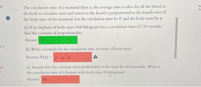 Solved The circulation time of a mammal (that is, the | Chegg.com
