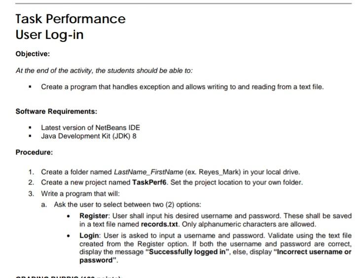 Solved Task Performance User Log-in Objective: At the end of | Chegg.com
