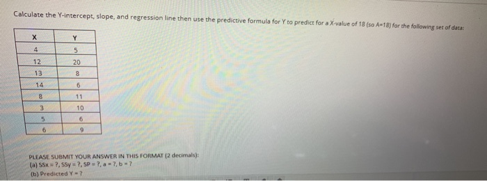 Solved Calculate the Y-intercept, slope, and regression line | Chegg.com