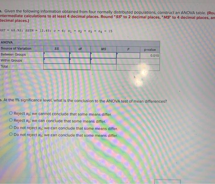 Solved 2. Given the following information obtained from four | Chegg.com