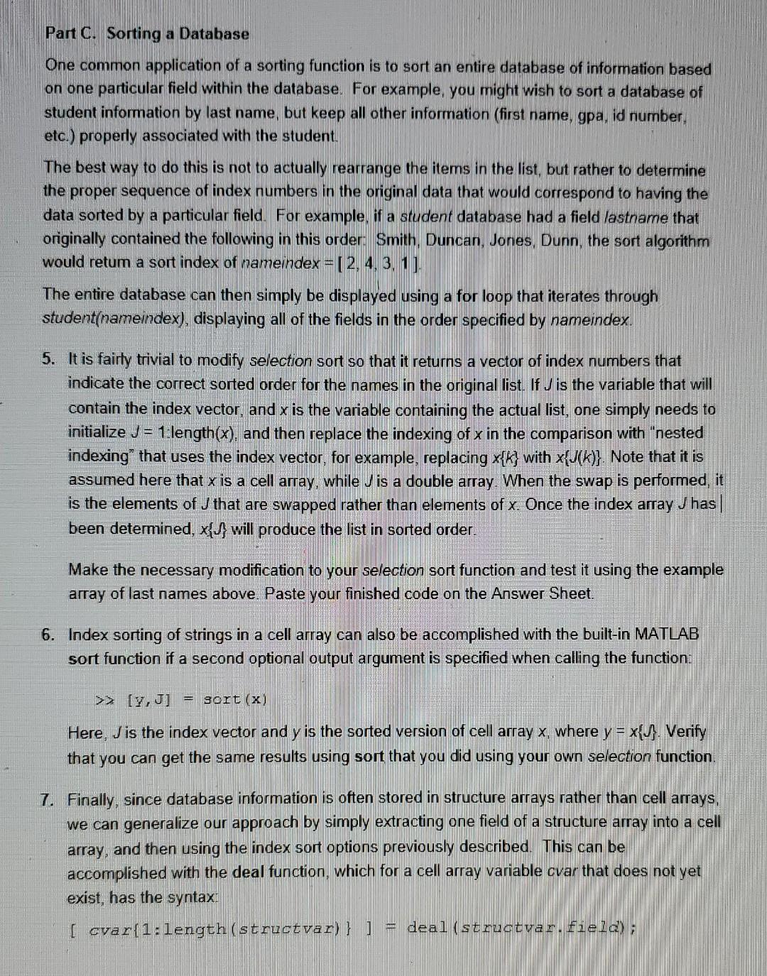 Solved Part C. Sorting a Database One common application of | Chegg.com