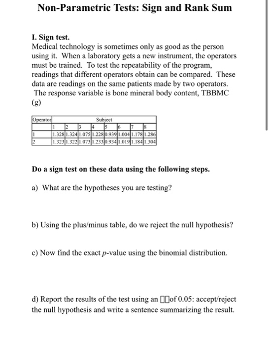 Solved Non-Parametric Tests: Sign and Rank Sum I. Sign test. | Chegg.com