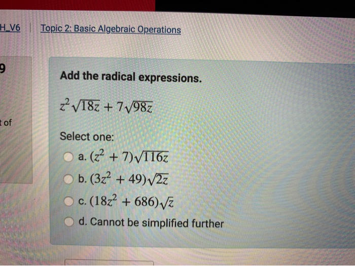 Solved H V6 Topic 2: Basic Algebraic Operations 9 Add the | Chegg.com