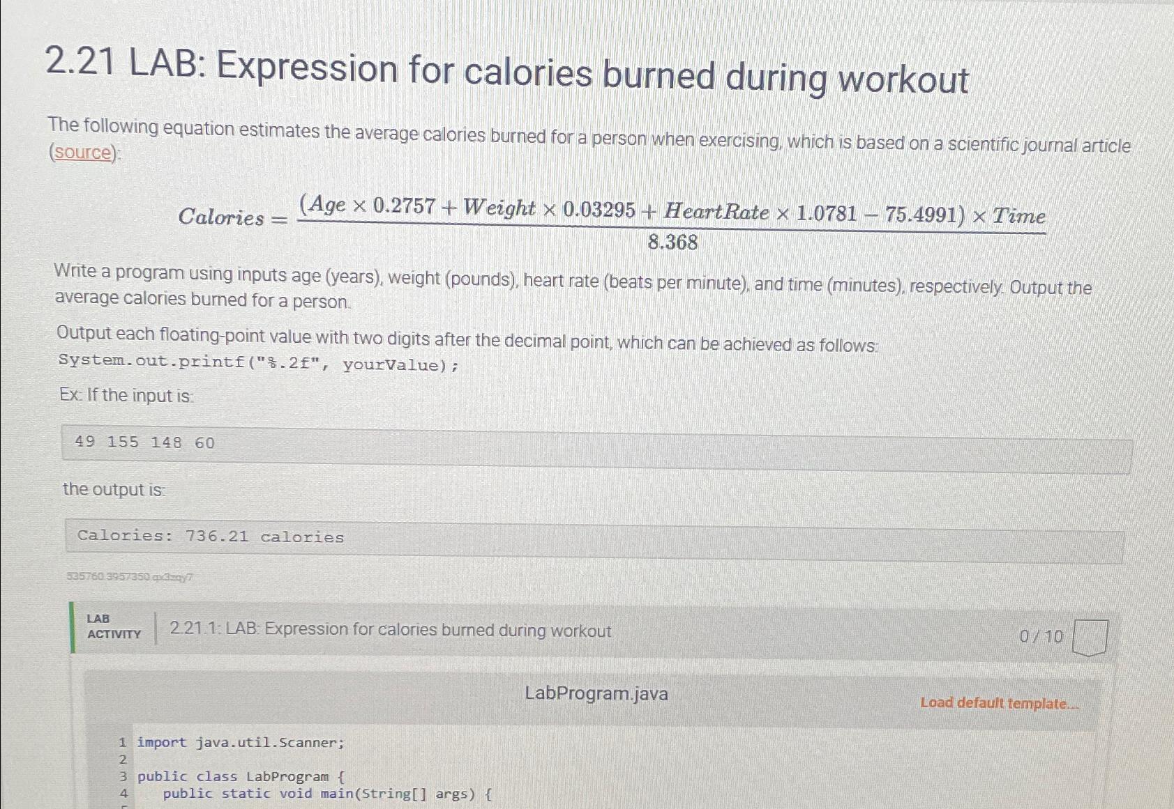 Solved 2.21 ﻿LAB: Expression for calories burned during | Chegg.com