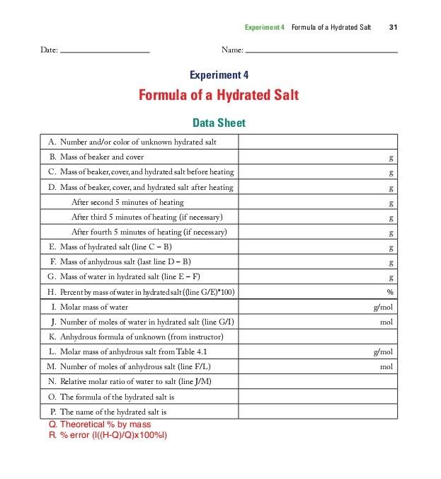 Experiment 4 Formula of a Hydrated Salt 31 Date: | Chegg.com