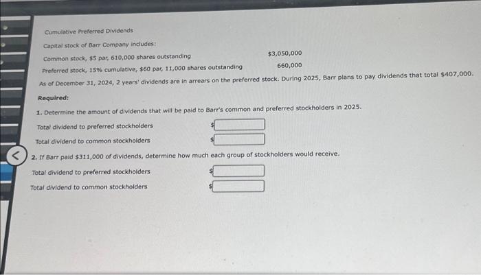 Solved Cumulative Preferred Dividends Capital stock of Barr | Chegg.com