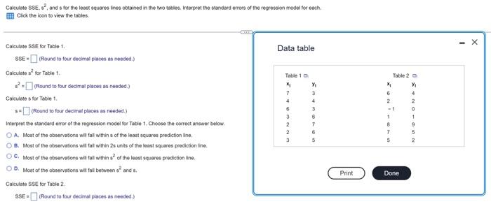 Solved Cakulate SSE, s2, and s for the least squarss lines | Chegg.com