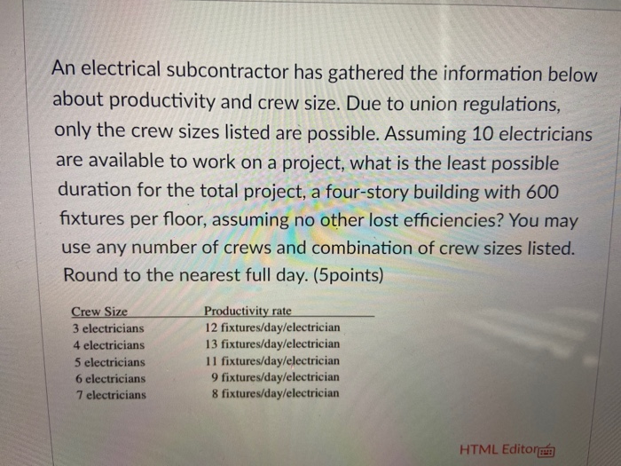 Solved An electrical subcontractor has gathered the | Chegg.com