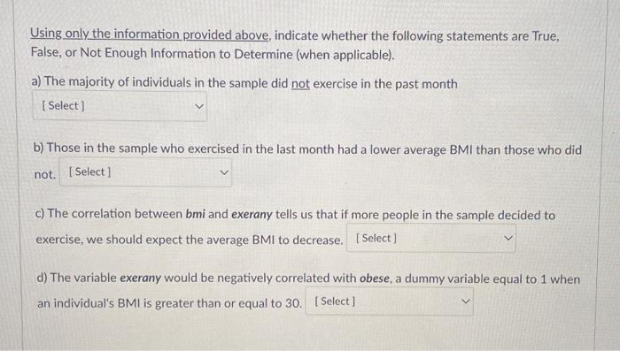 Solved BMI and Exercise The following information was | Chegg.com