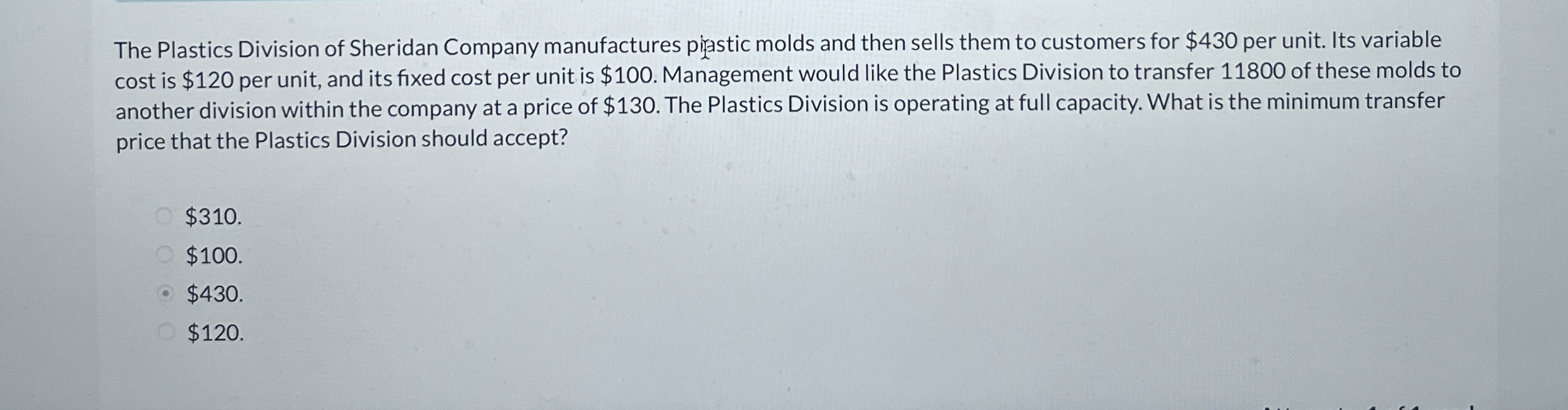 Solved The Plastics Division of Sheridan Company | Chegg.com